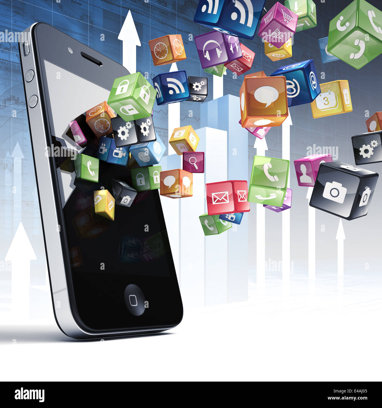 3d image of smartphone and flying cube icons Stock Photo - Alamy