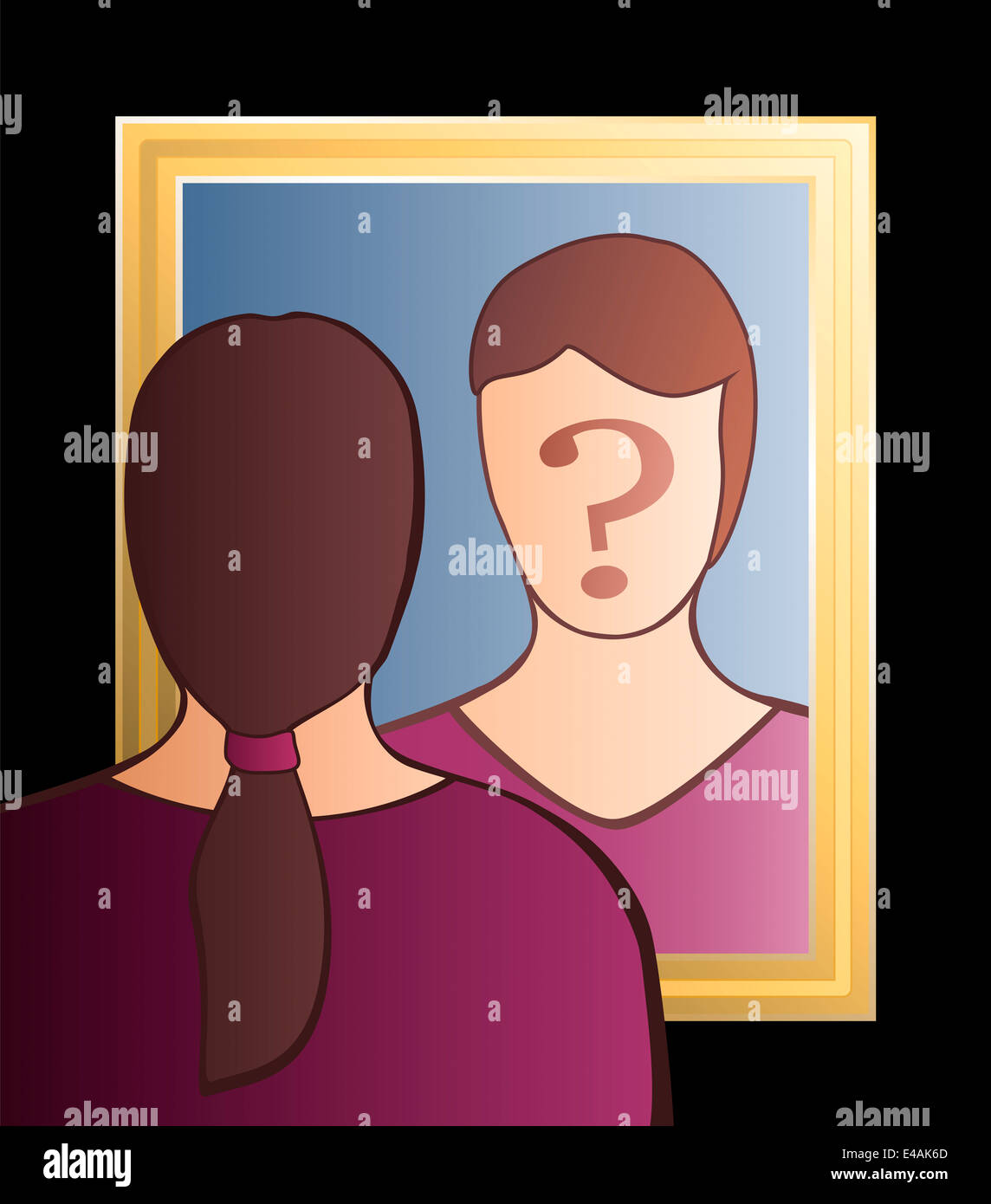 A woman is looking into the mirror asking herself "Who am I?". In her ...