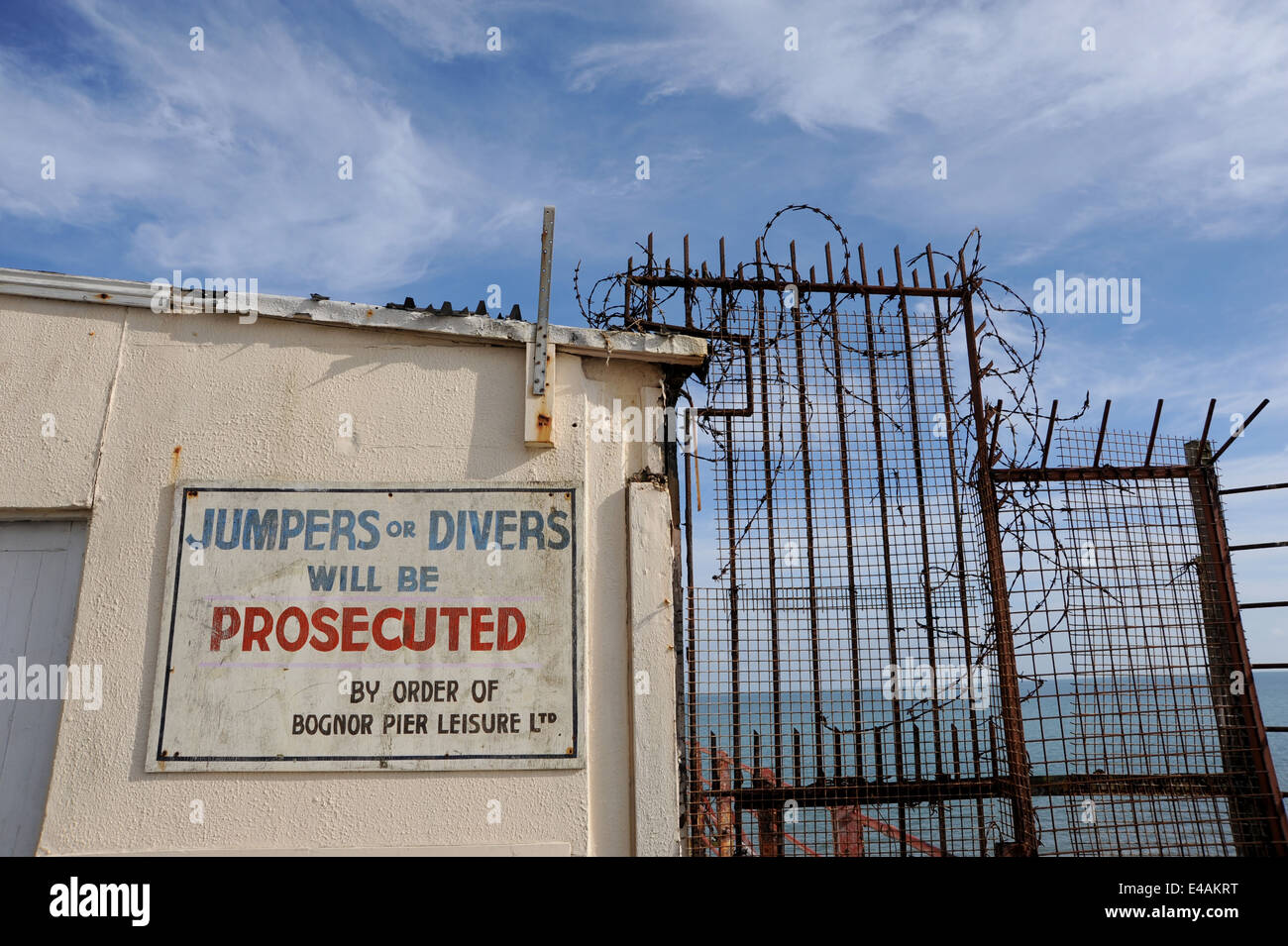 Bognor Regis West Sussex UK - The derelict old pier with warning sign ...