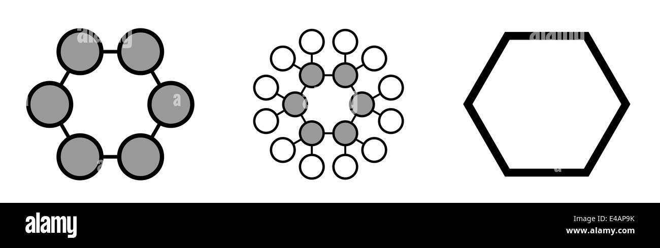 Cyclohexane chemical solvent molecule. Stylized 2D renderings and ...