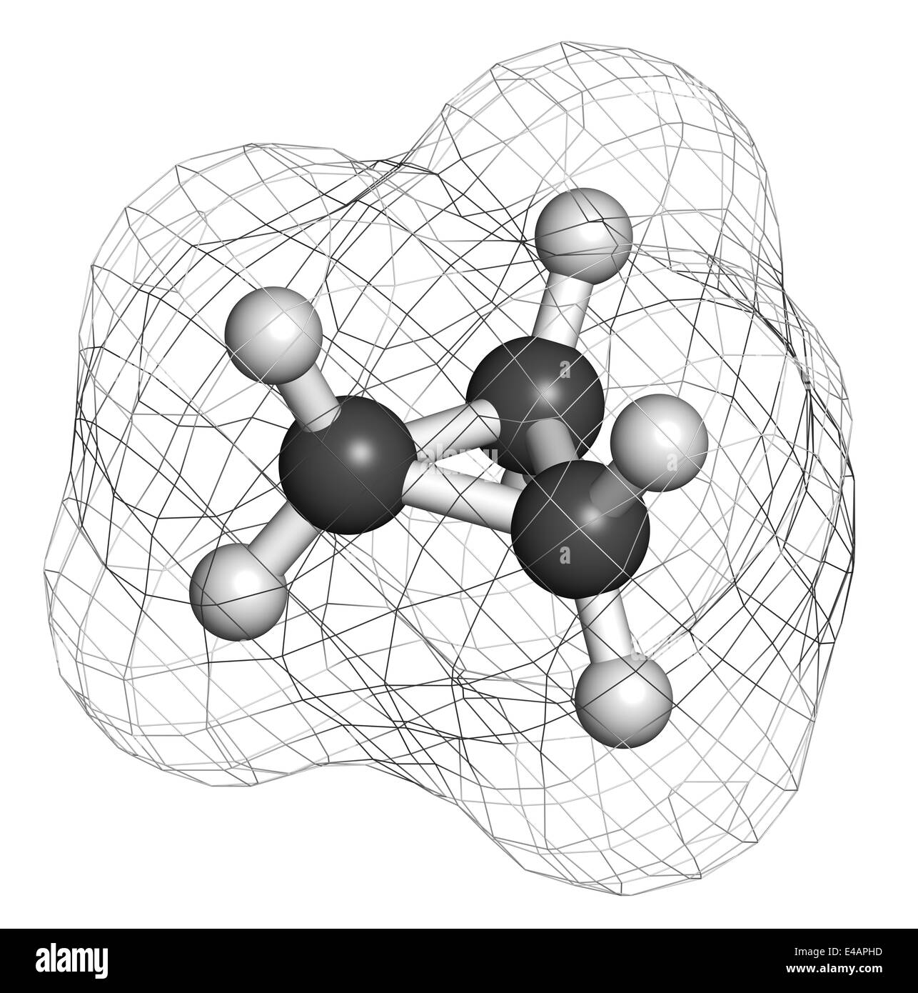 Cyclopropane cycloalkane molecule. Used as anaesthetic. Atoms are ...
