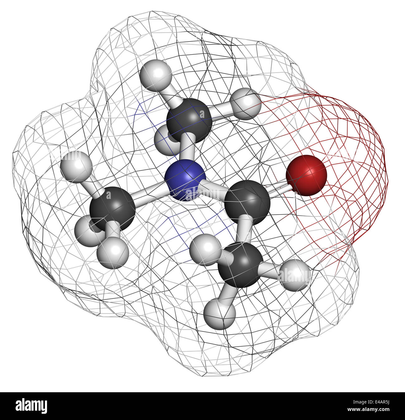 Dimethylacetamide (DMAc) chemical solvent molecule. Atoms are ...