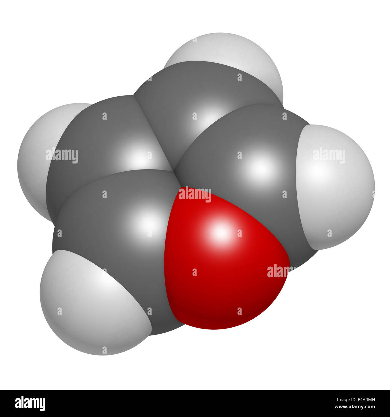 Furan heterocyclic aromatic molecule. Atoms are represented as spheres ...