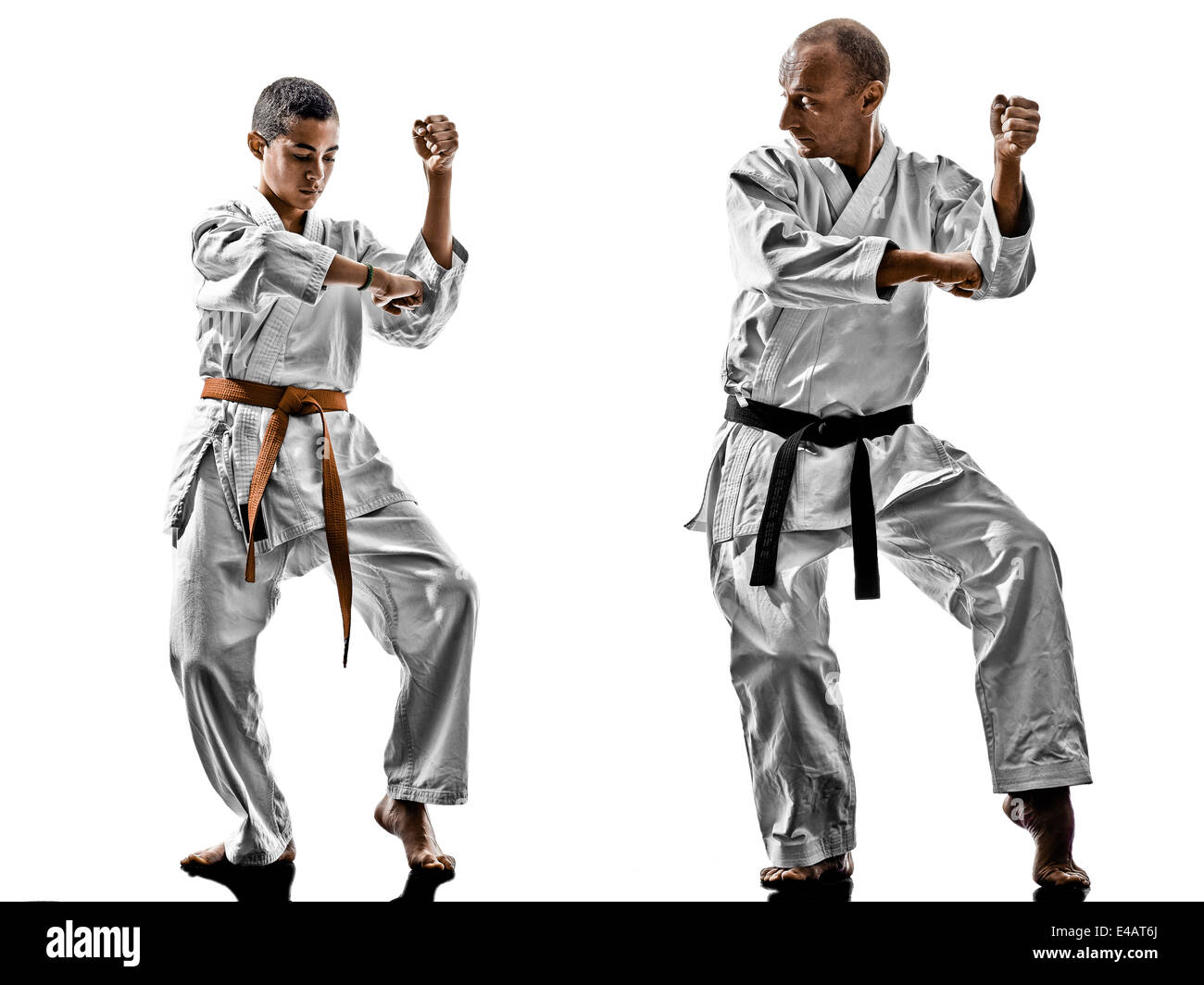 two karate men sensei and teenager student teacher teaching isolated on ...