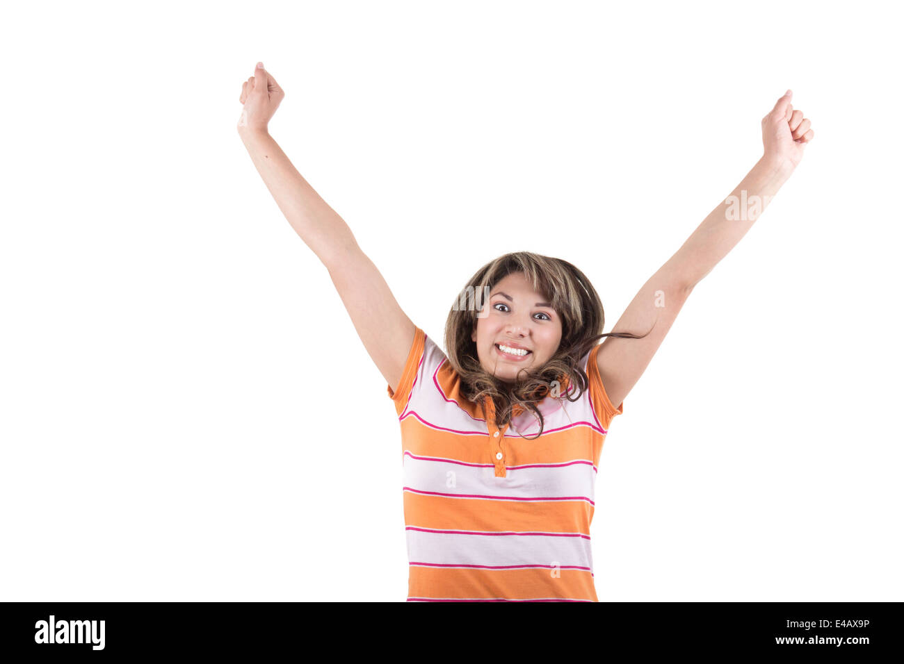 latin girl cheering with arms up Stock Photo - Alamy