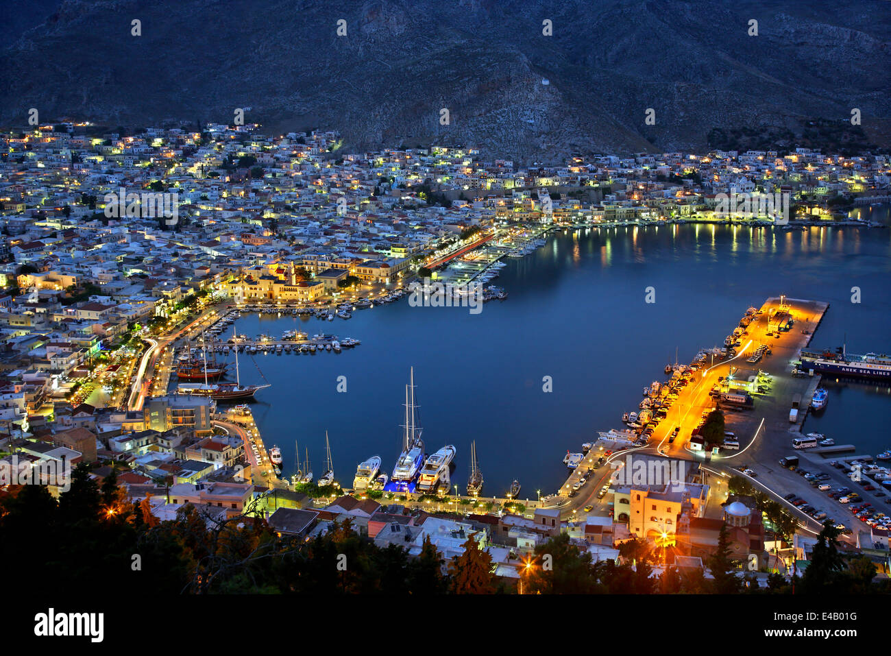 Night view of Pothia town, Kalymnos island, Dodecanese, Greece Stock ...