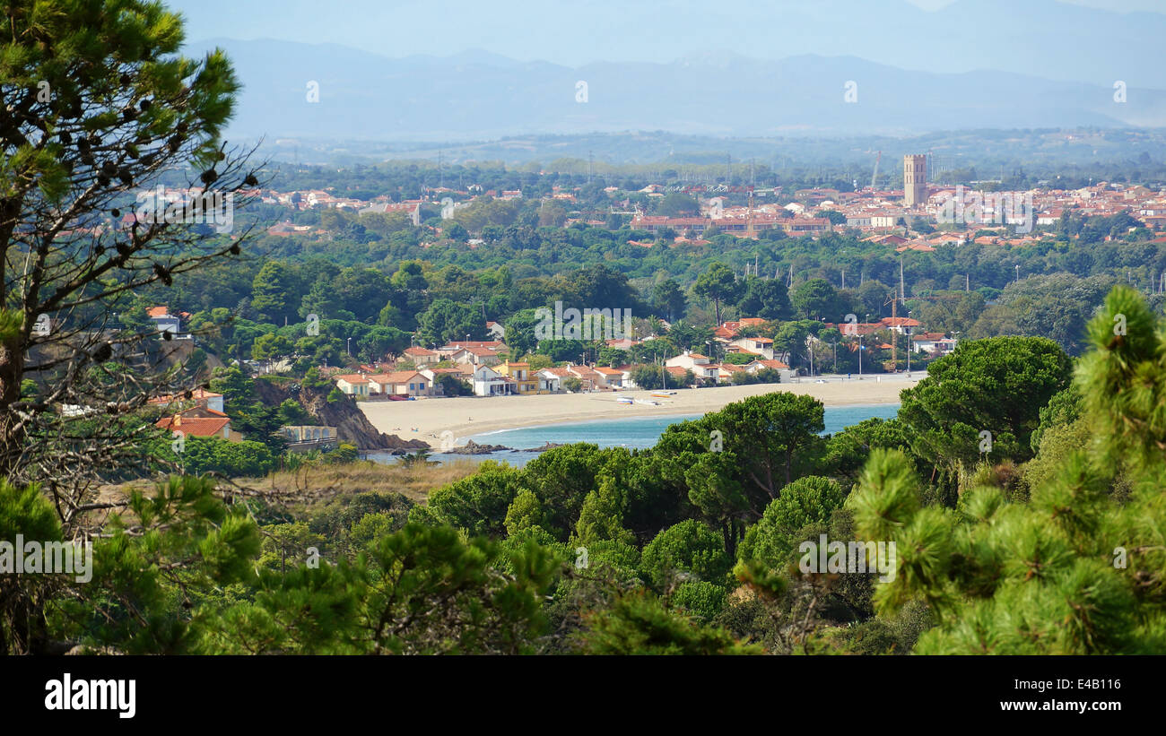 Mediterranean beach of the Racou in Argeles-sur-Mer with the village in ...