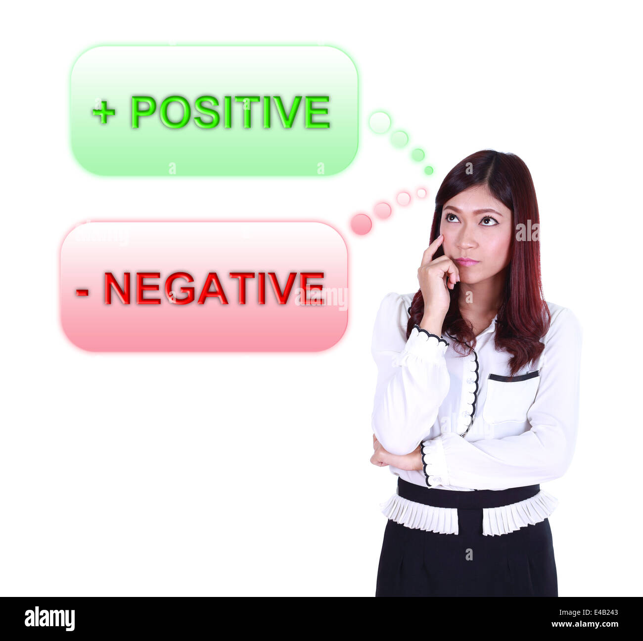Business woman thinking about positive and negative thinking isolated ...