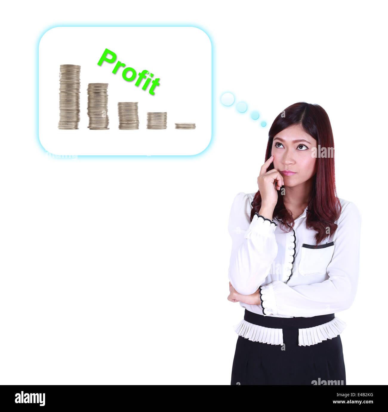 Business woman thinking about profit and coin graph isolated on white ...