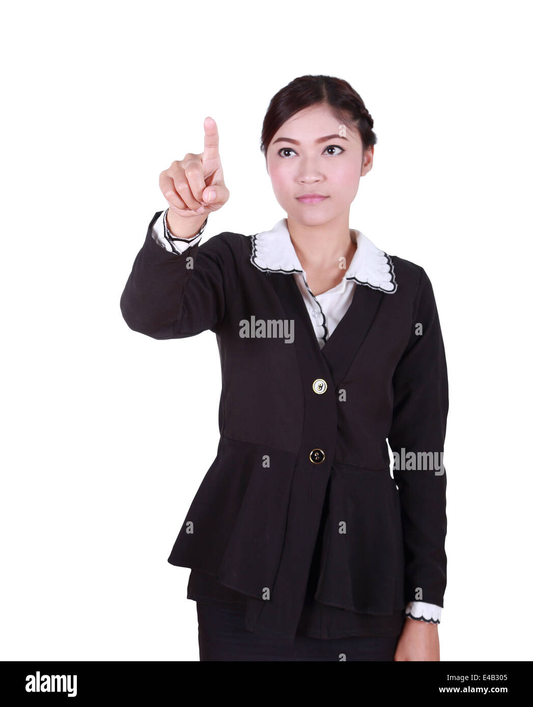 business woman pressing button or something on white background Stock ...