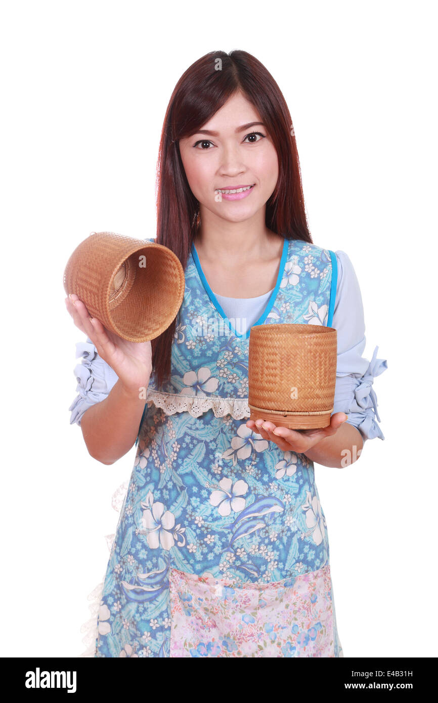 female chef with bamboo rice box isolated on white background Stock ...