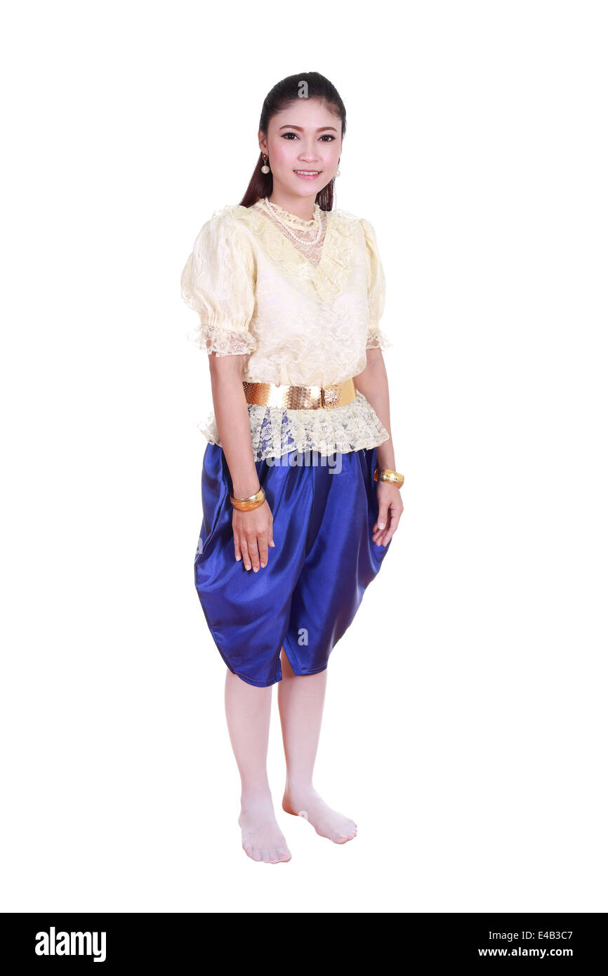 woman wearing typical thai dress isolated on white background, identity ...