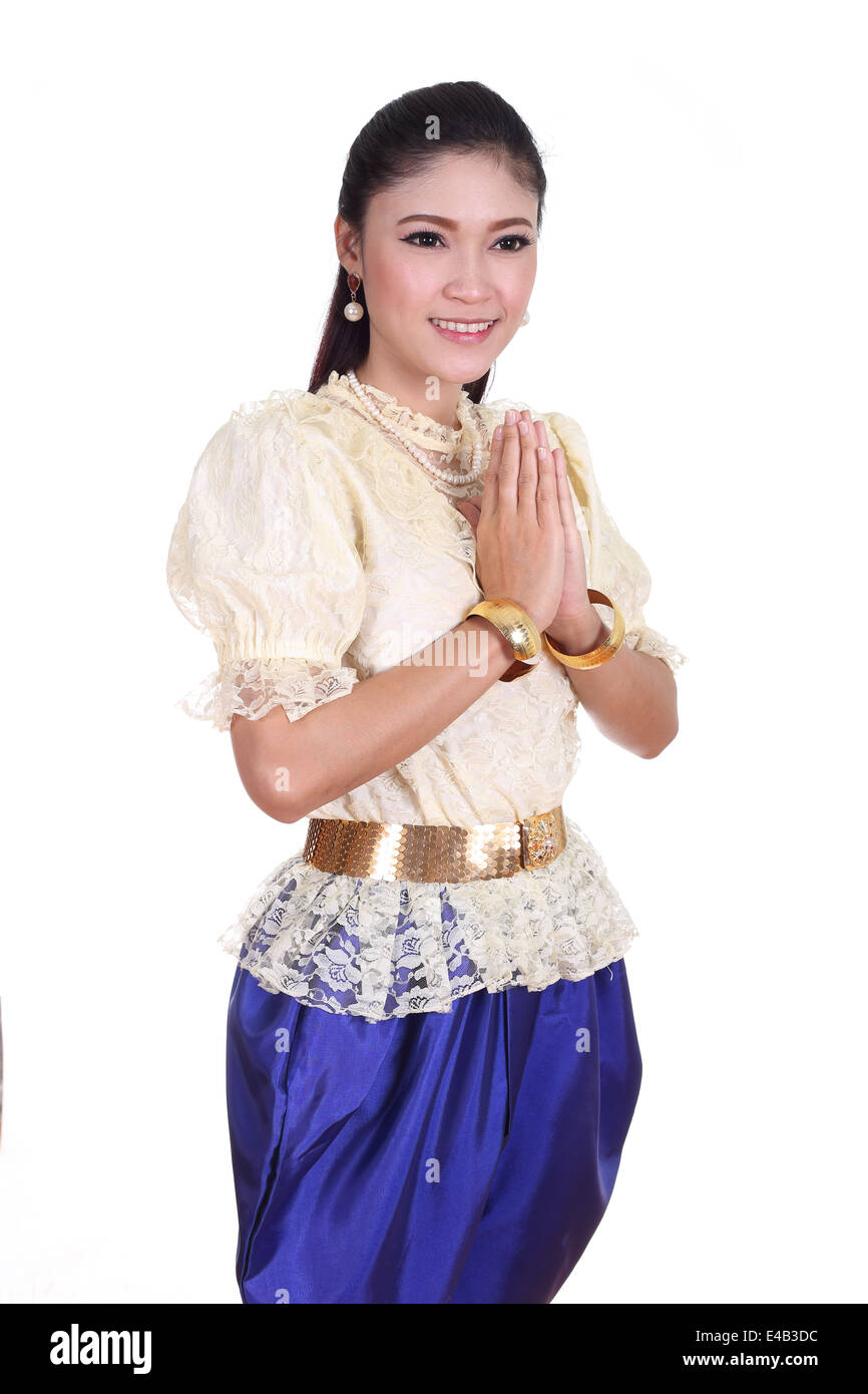 woman wearing typical thai dress pay respect isolated on white ...