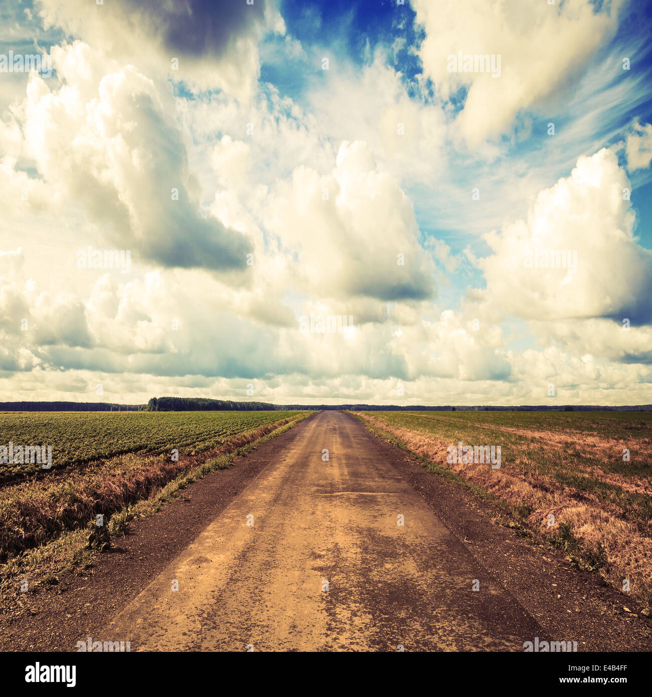 Empty country road perspective with dramatic cloudy sky. Toned effect ...