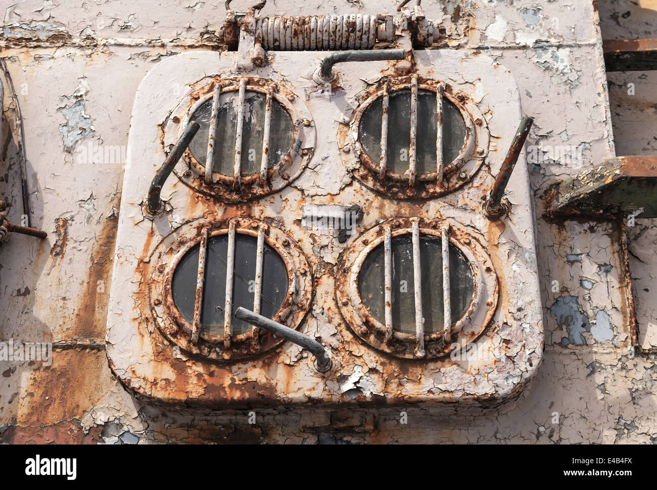 Old grungy emergency exit hatch on the deck of abandoned ship Stock ...