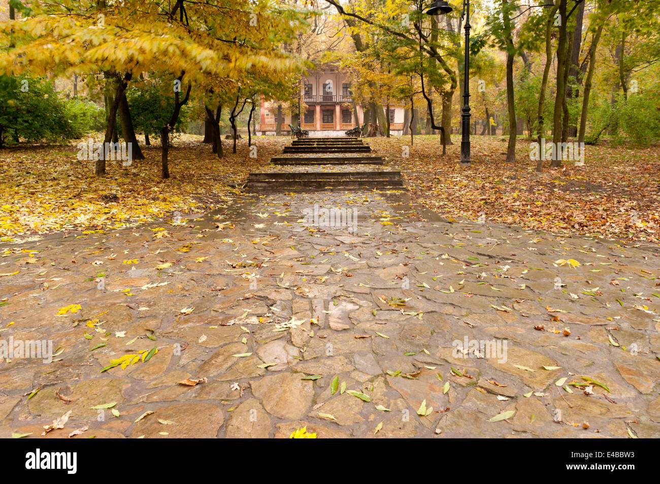 Autumn park with a footpath to a building Stock Photo - Alamy