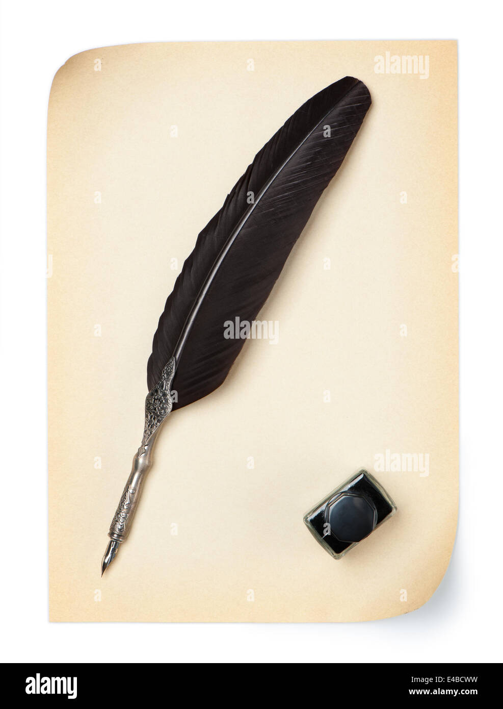 Feather quill and inkwell on an old paper Stock Photo - Alamy