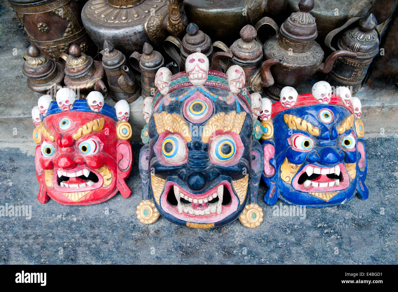Buddhist festival masks at a shop window in Kathmandu Nepal Stock Photo ...