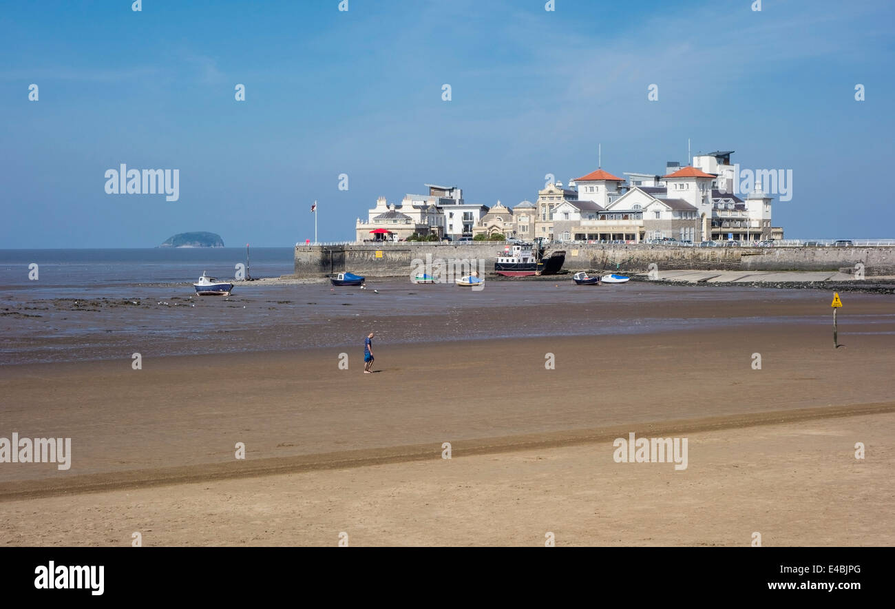 Knightstone Island Causeway and man beach combing, Weston-super-Mare ...