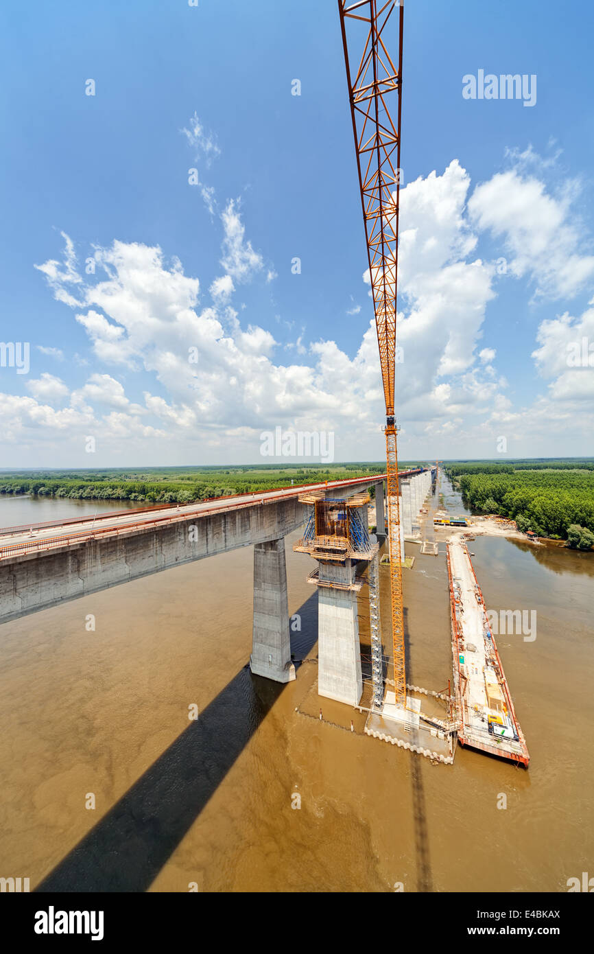 bridge construction with scaffolding, crane and framework Stock Photo ...