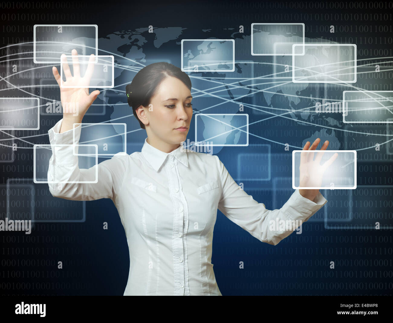 woman pushing icons in web interface Stock Photo - Alamy