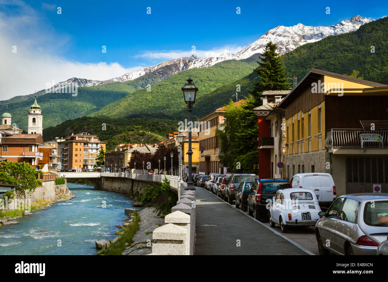 The Corso Trieste alongside the the river Dora in.Susa, Piedmont, Italy ...