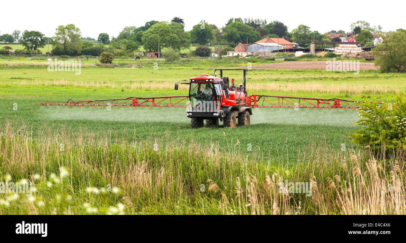 Tractor spraying crops british farmland. Norfolk Broads England UK ...