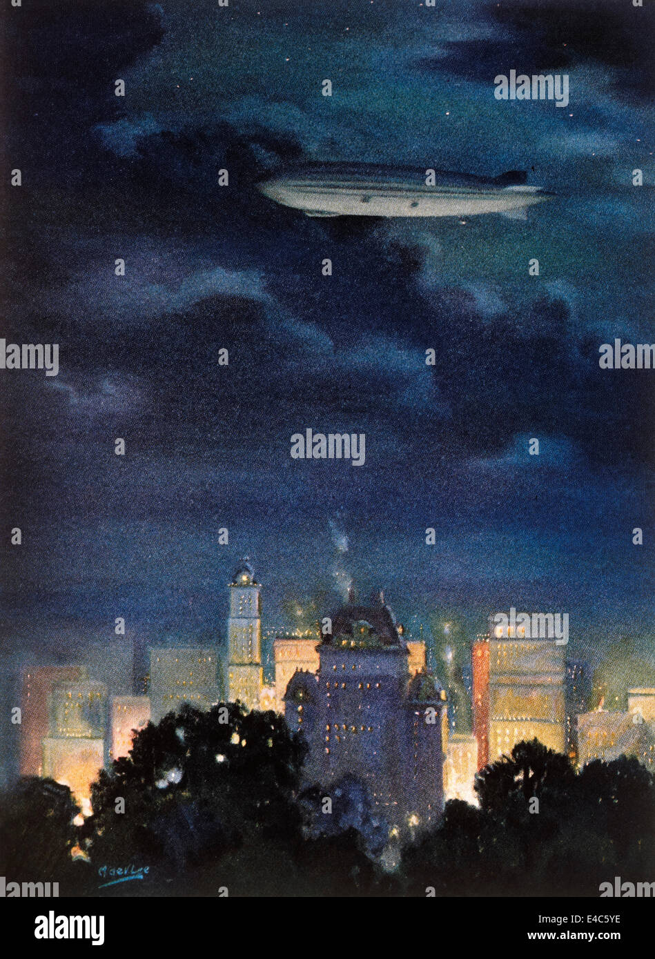 The Dirigible "Los Angeles" over a City at Night, Illustration by ...