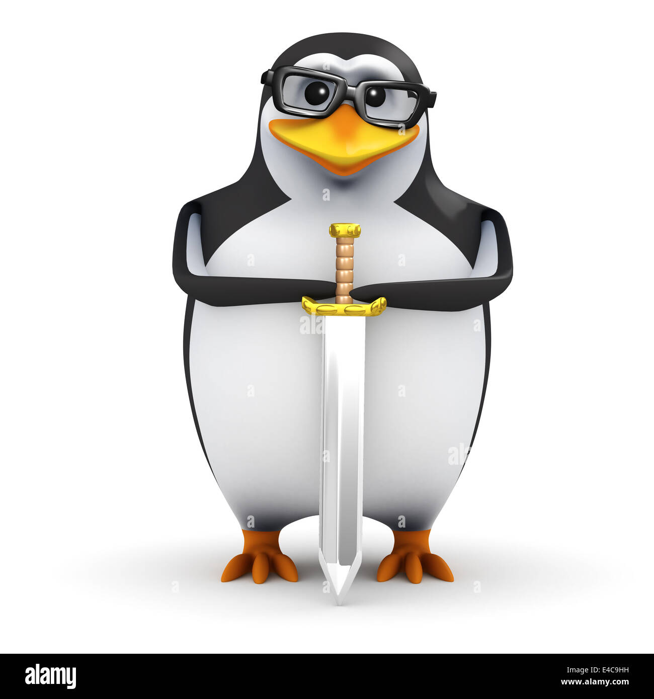 3d render of a penguin wearing glasses having pulled a sword from a ...