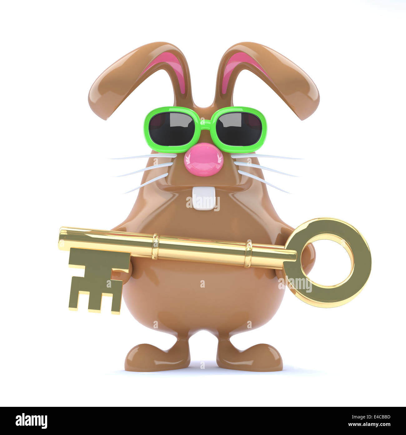 3d Chocolate Easter bunny rabbit holding a gold key of success Stock ...