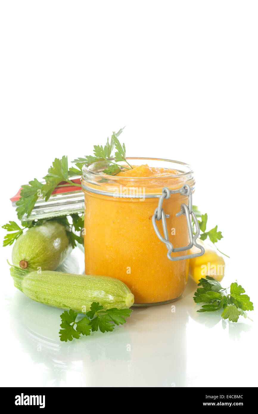 squash puree in a glass jar on the table Stock Photo - Alamy