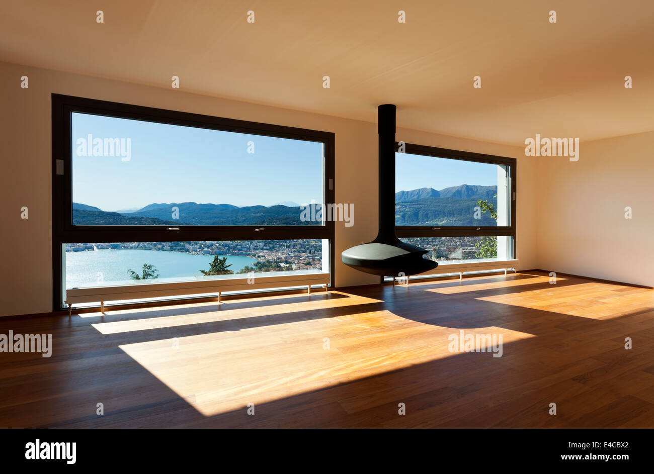 Modern apartment, large living room with panoramic view Stock Photo - Alamy