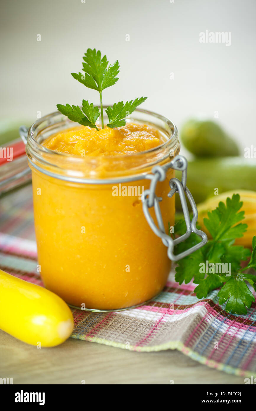 squash puree in a glass jar on the table Stock Photo - Alamy
