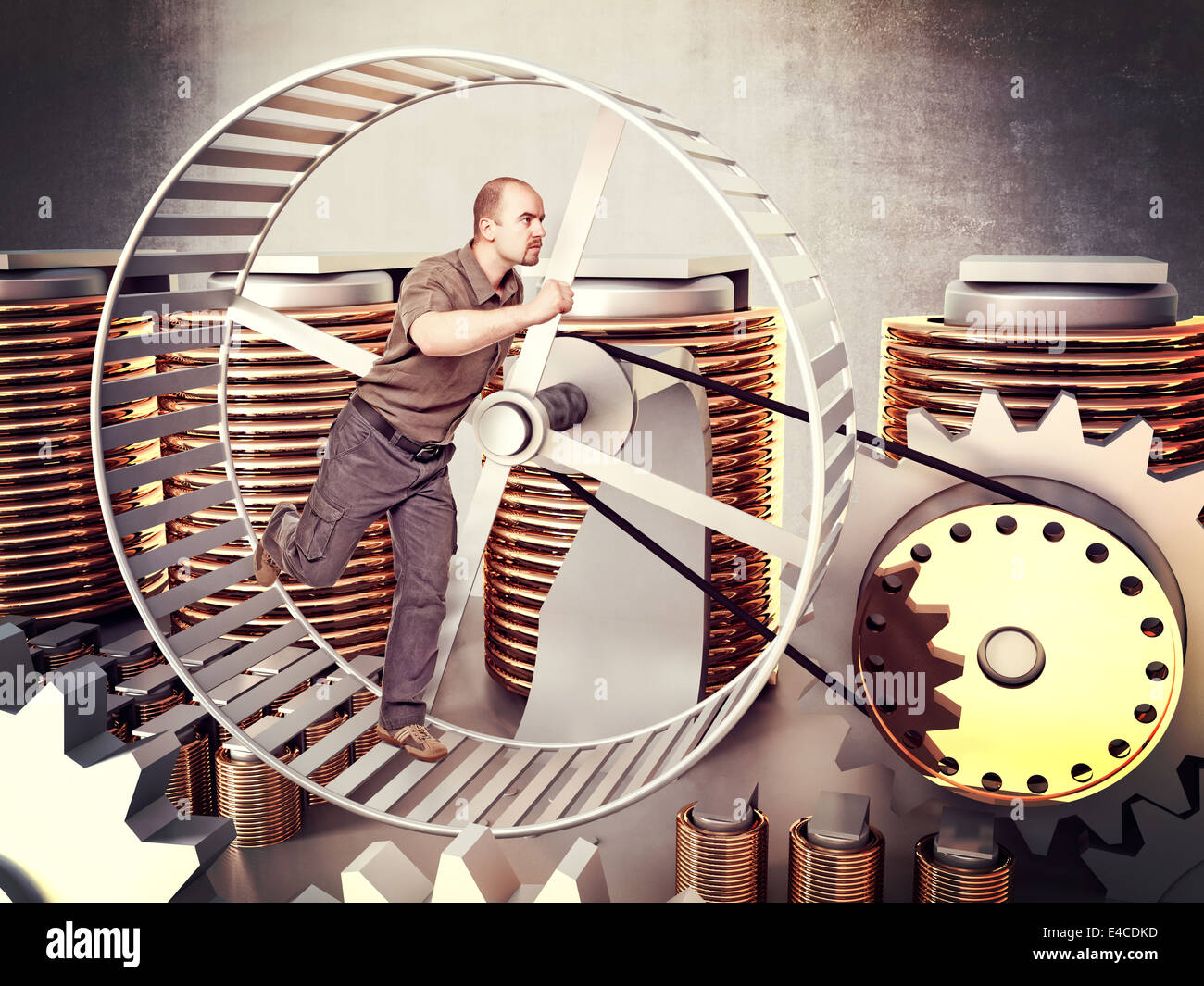 man run in a huge hamster wheel to produce power Stock Photo - Alamy