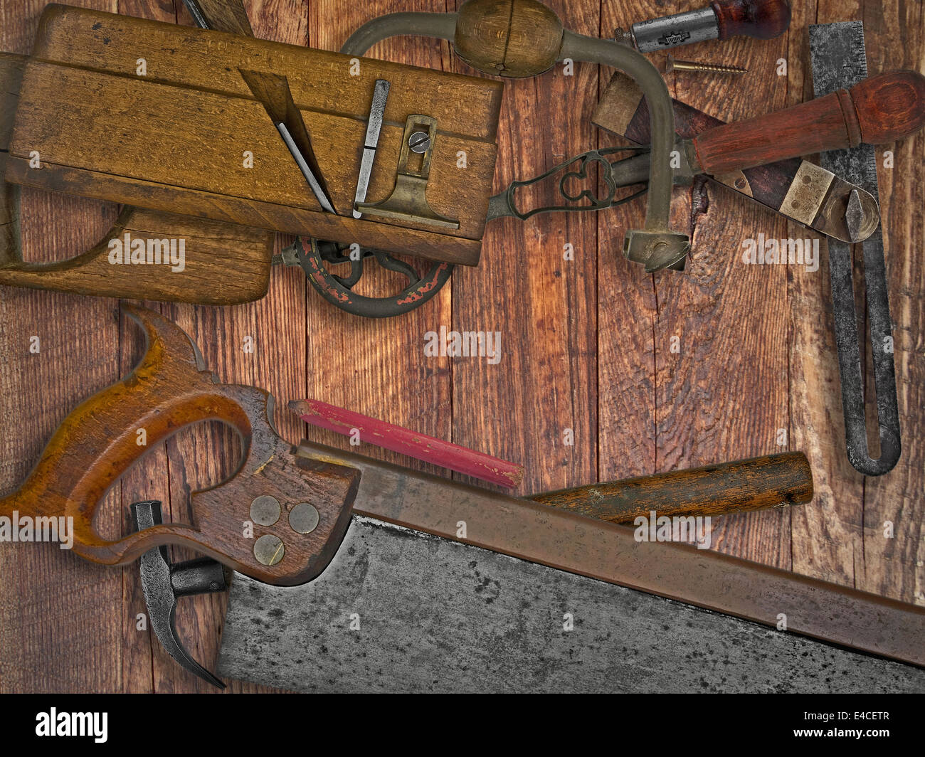vintage woodworking tools on wooden bench, space for your text Stock ...
