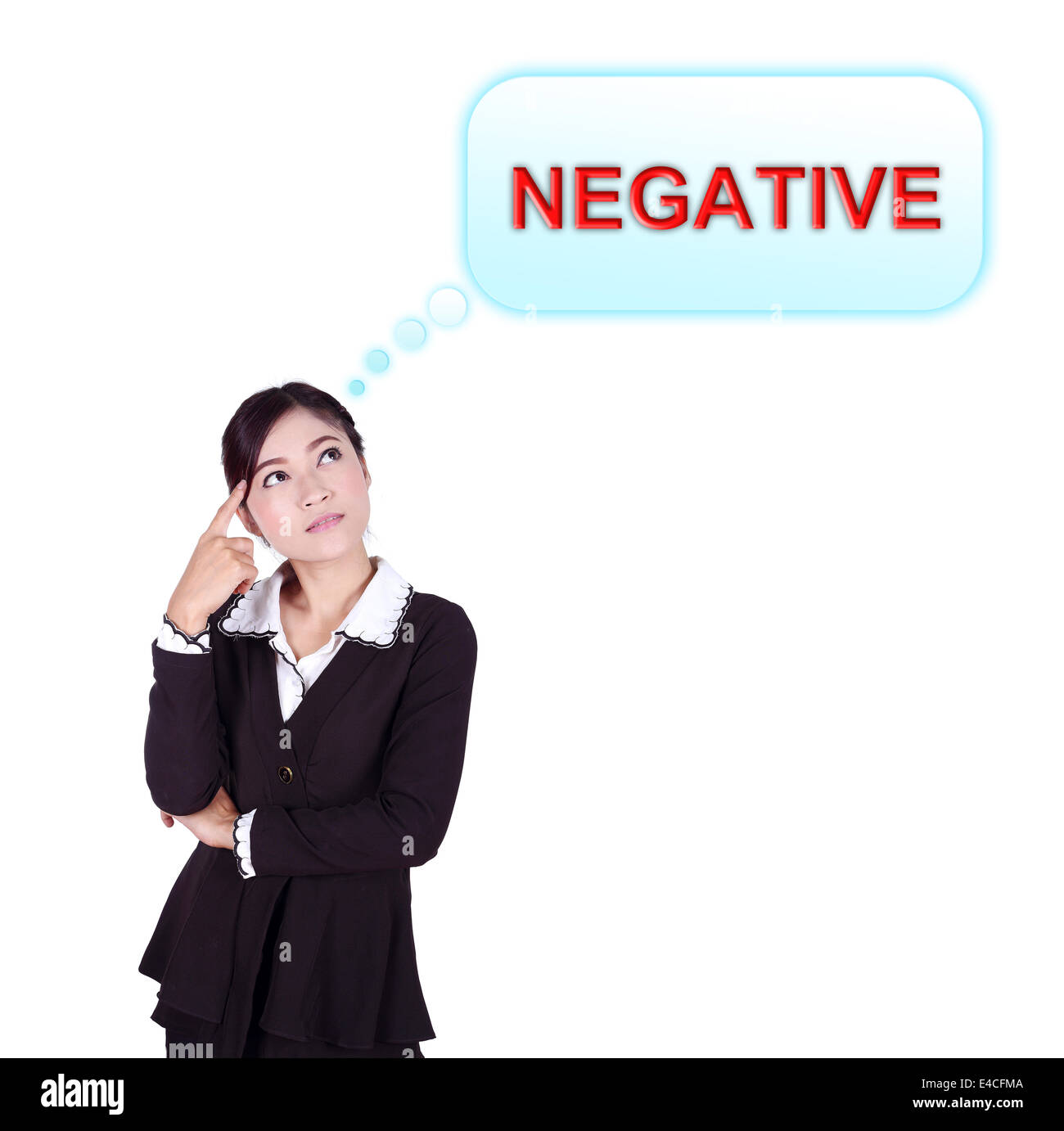 Business woman thinking about negative thinking isolated on white ...