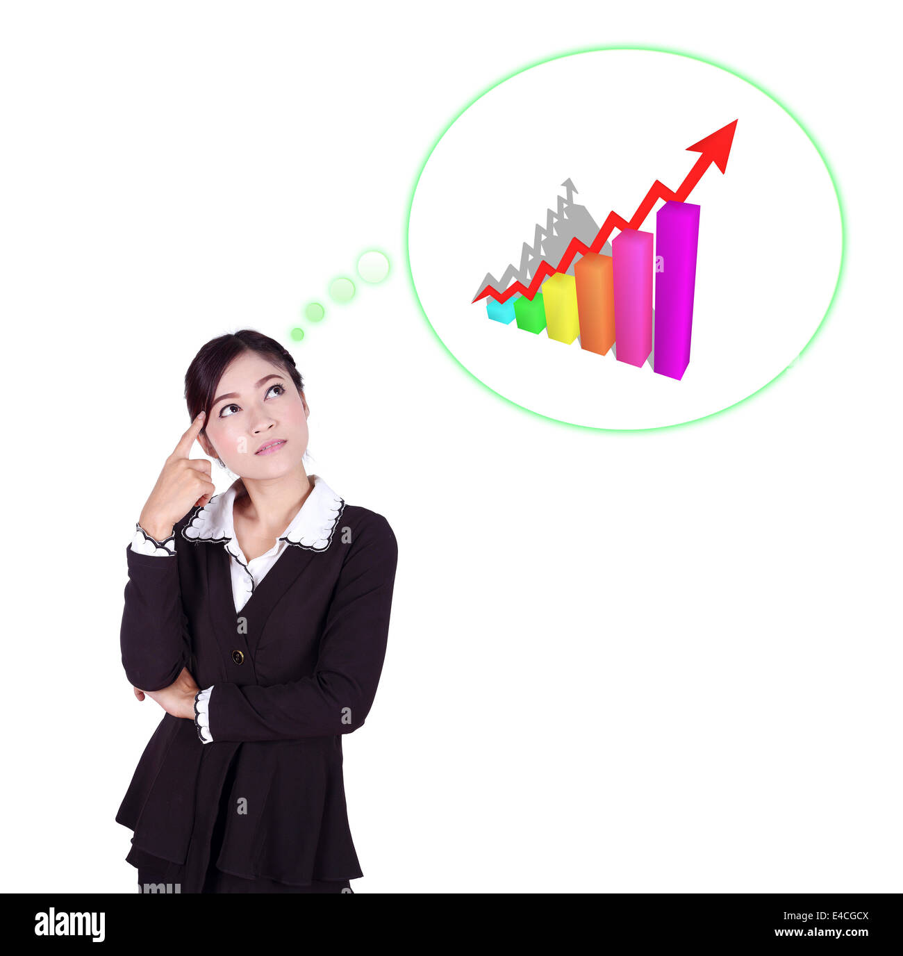 Business woman thinking about goal and graph isolated on white ...