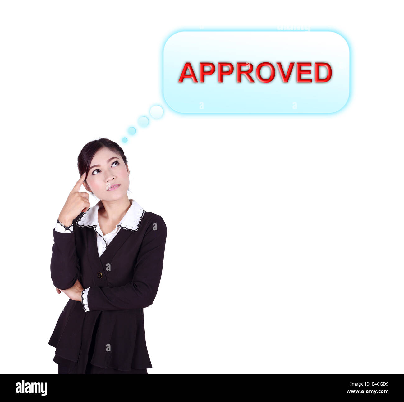 Business woman thinking about approved isolated on white background ...