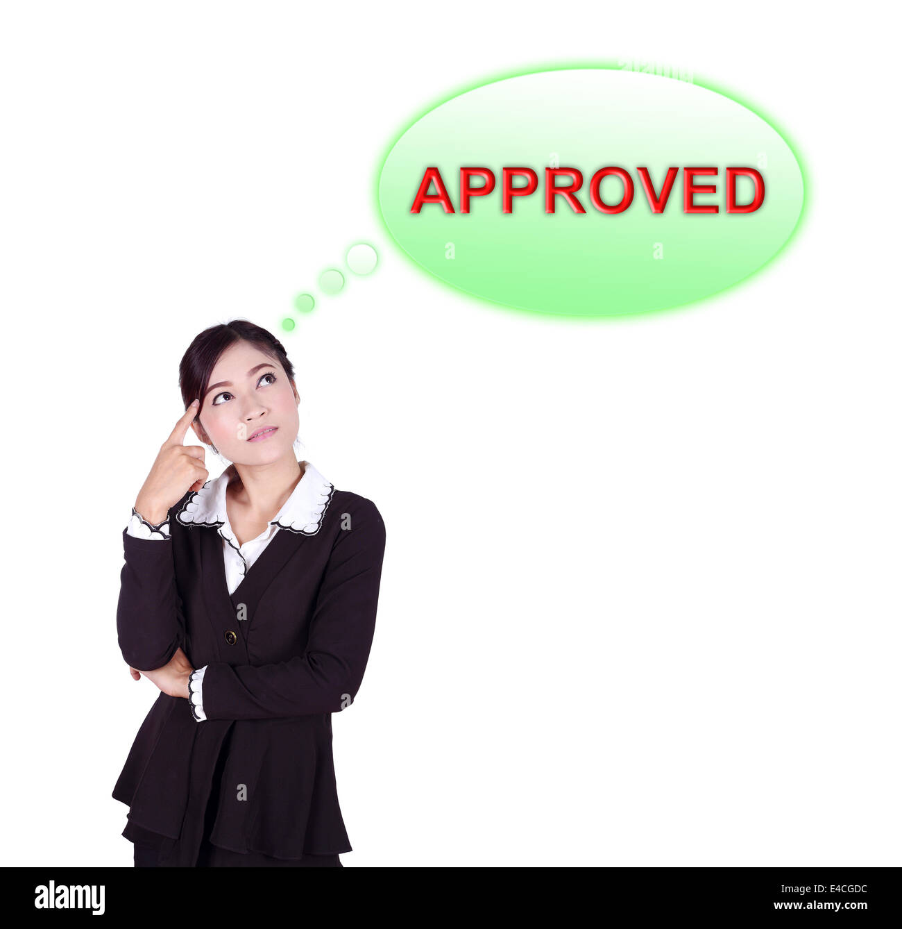 Business woman thinking about approved isolated on white background ...