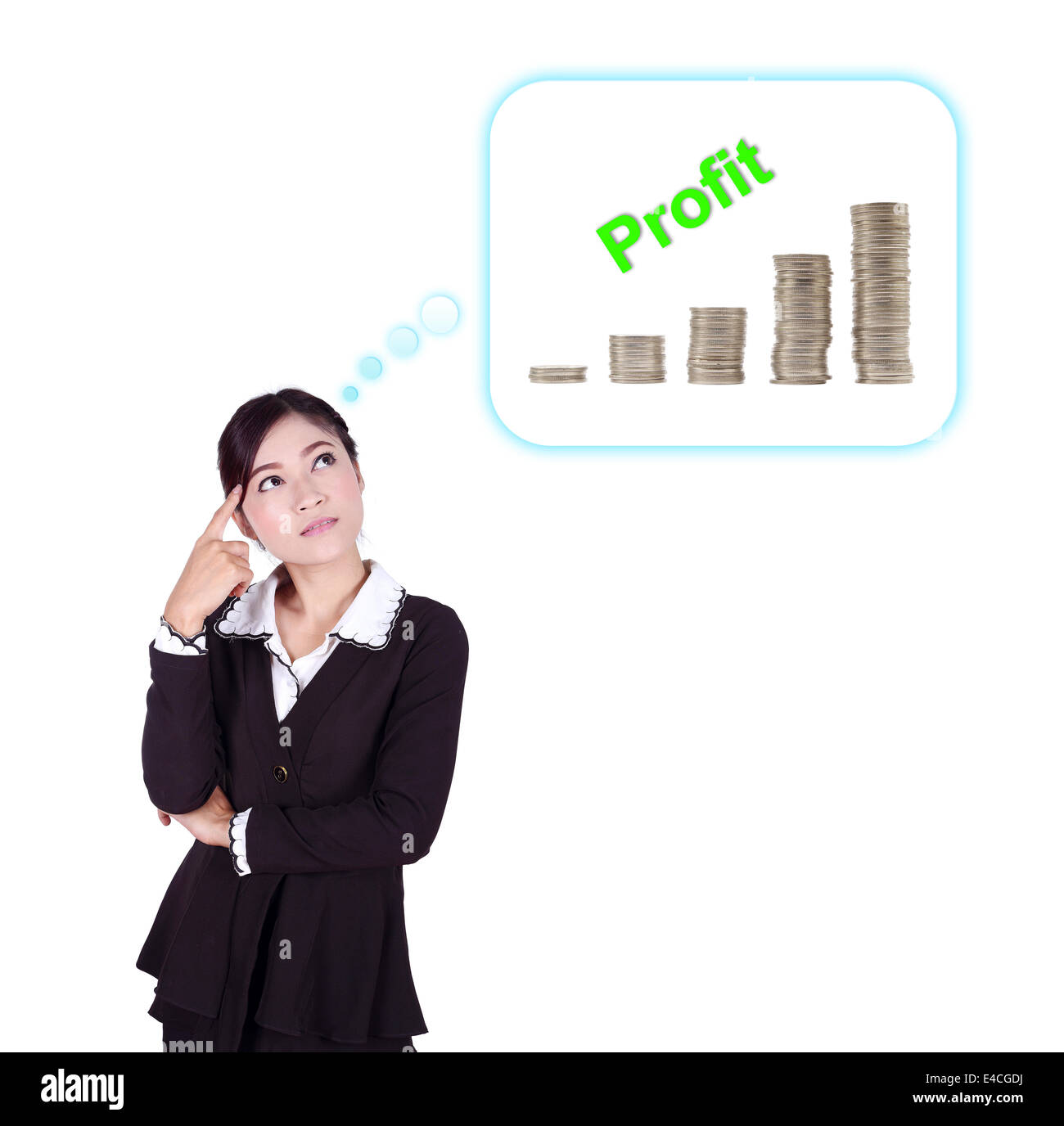 Business woman thinking about profit and coin graph isolated on white ...