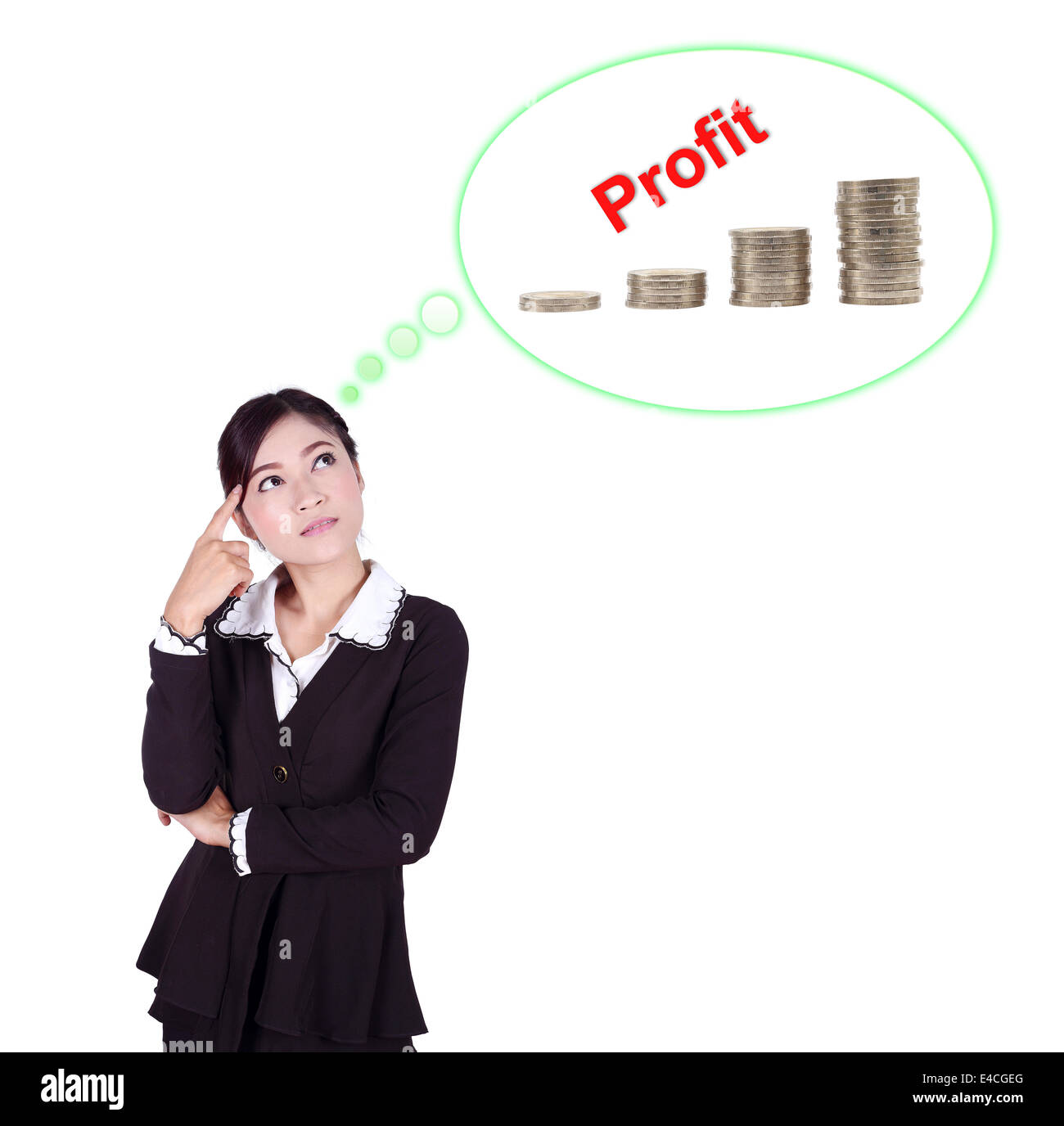 Business woman thinking about profit and coin graph isolated on white ...