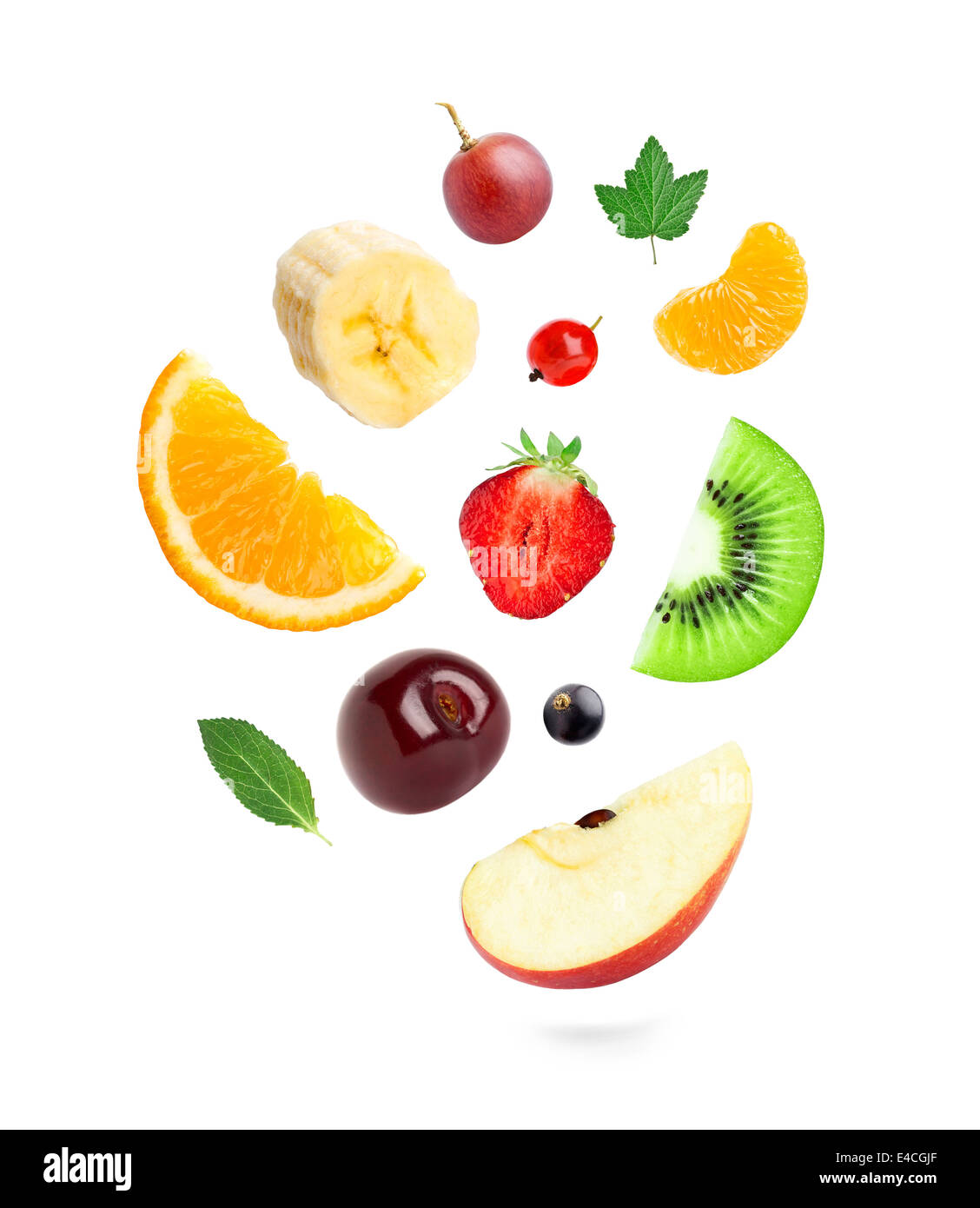 Falling fresh fruits and berries on white background Stock Photo - Alamy