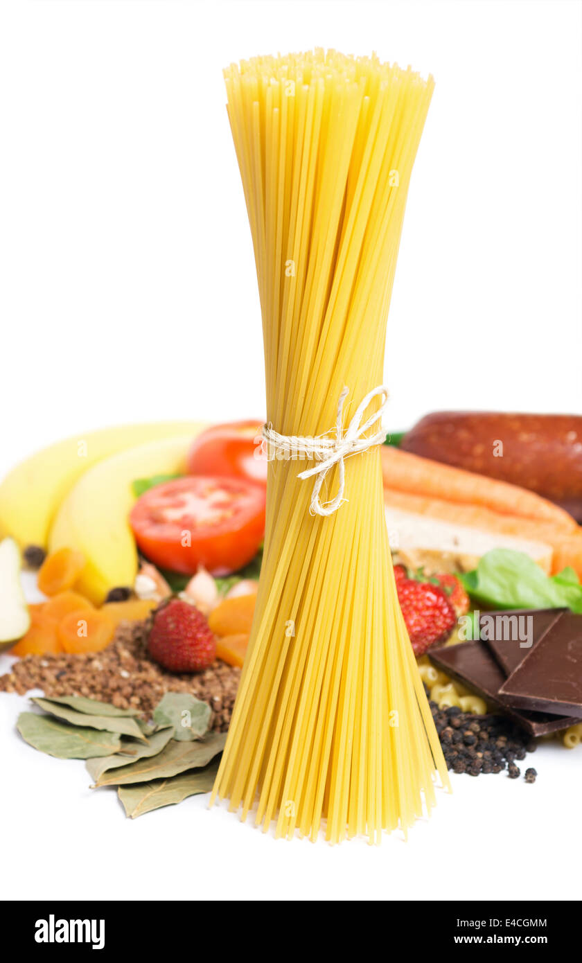 Spaghetti and healthy food on white background Stock Photo - Alamy