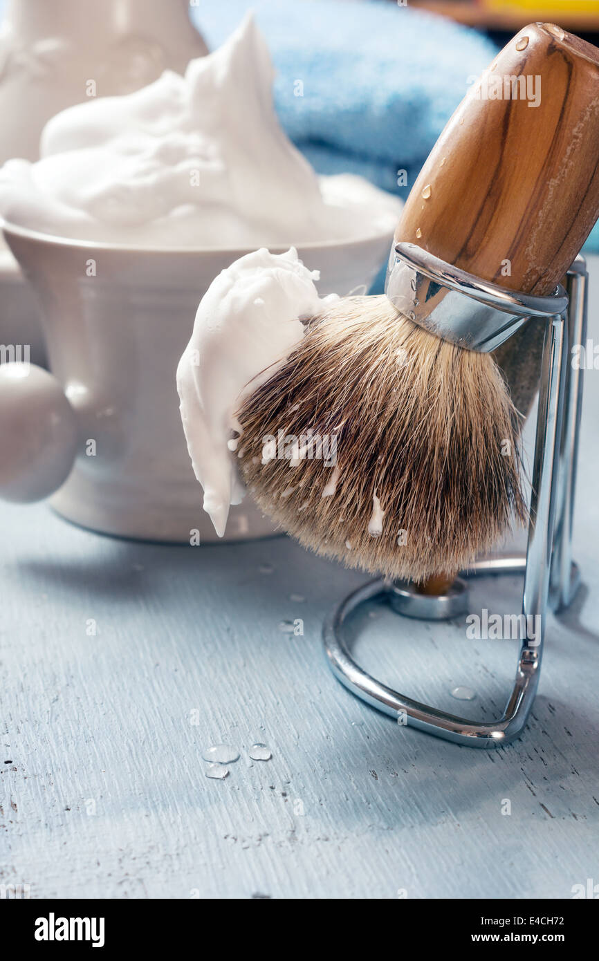 Shaving Tools on wooden table Stock Photo - Alamy
