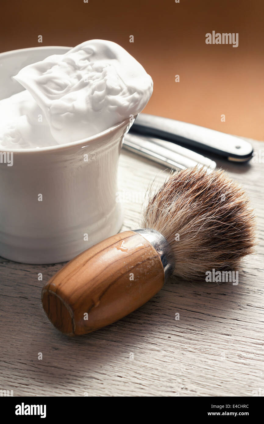 Shaving Tools on wooden table Stock Photo - Alamy