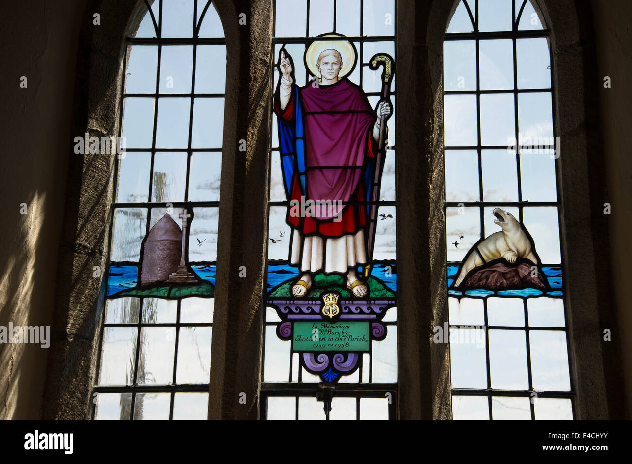 Cornwall. Roseland Peninsular. St Mawes church. Stained glass windows ...