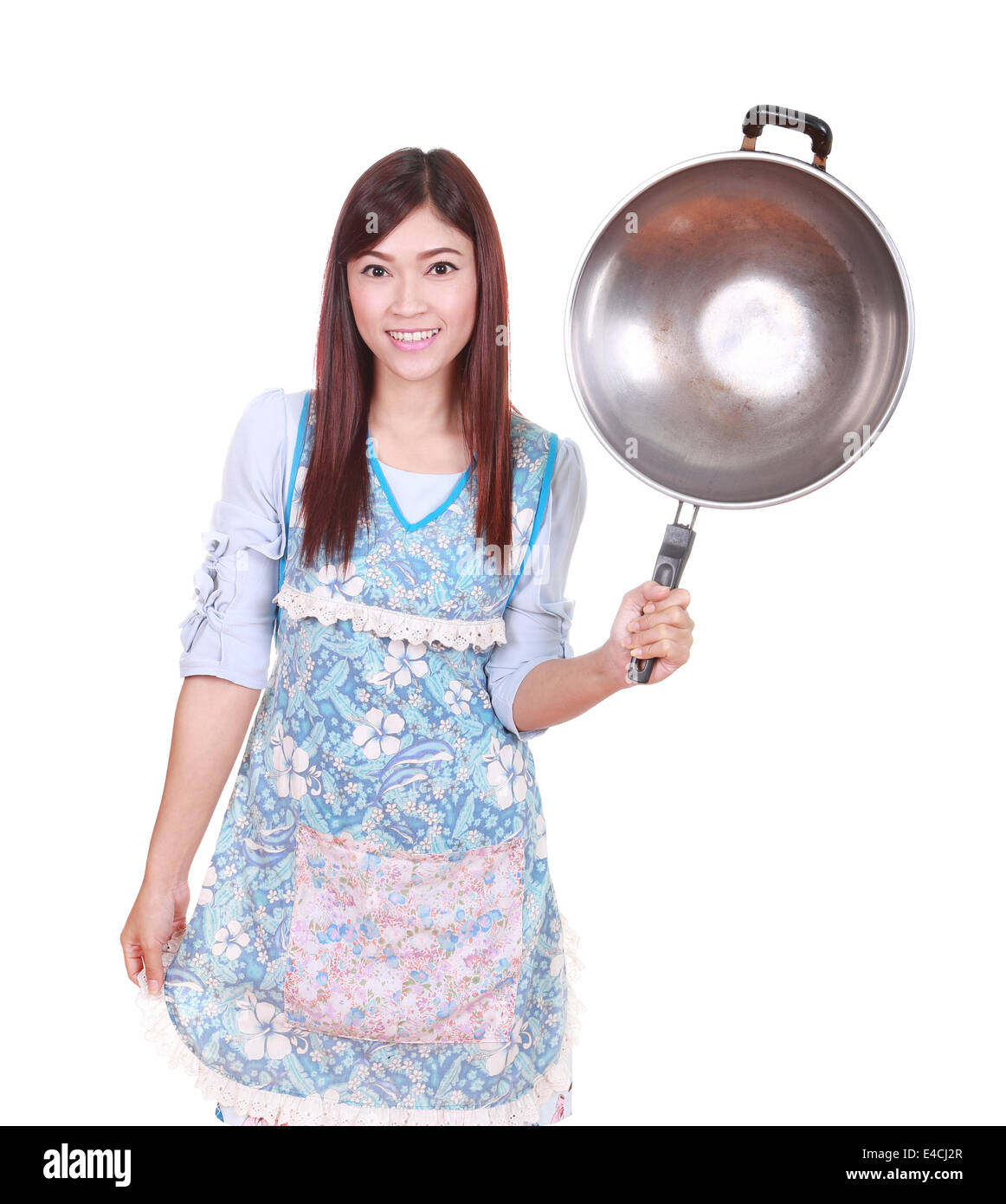 female chef holding the frying pan isolated on white background Stock ...