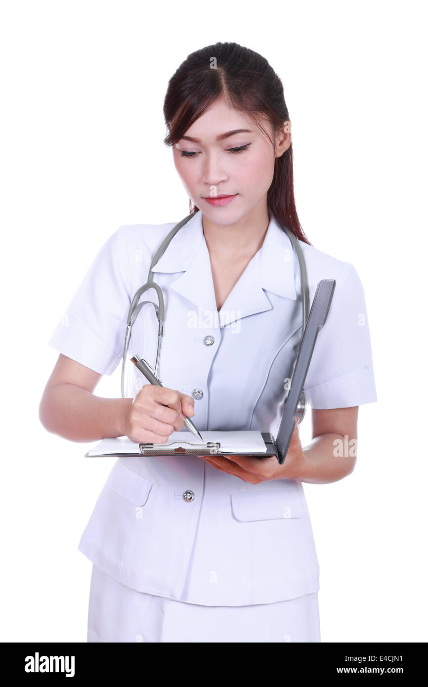 female nurse writing medical report isolated on white background Stock ...