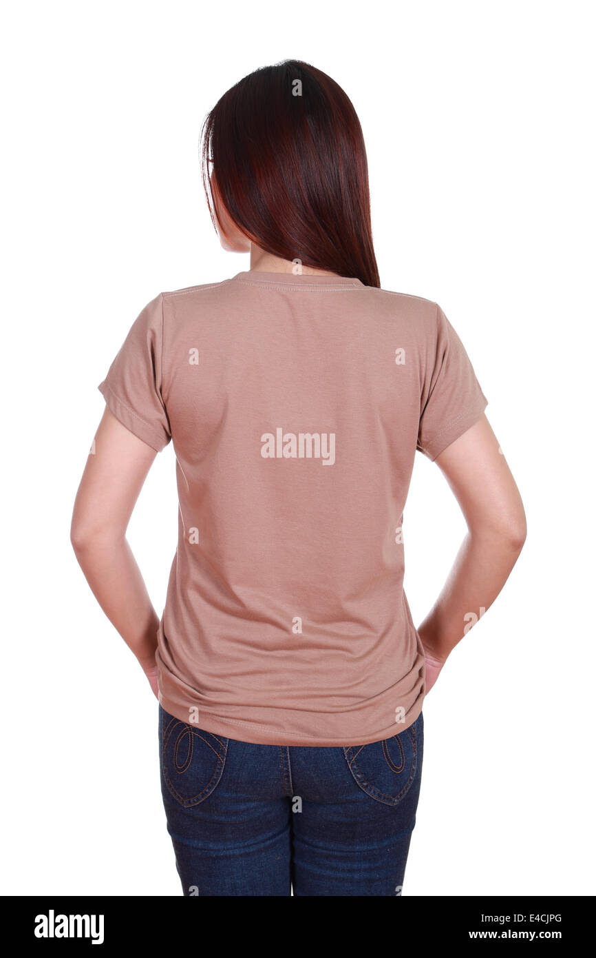 female with blank brown t-shirt (back side) isolated on white ...