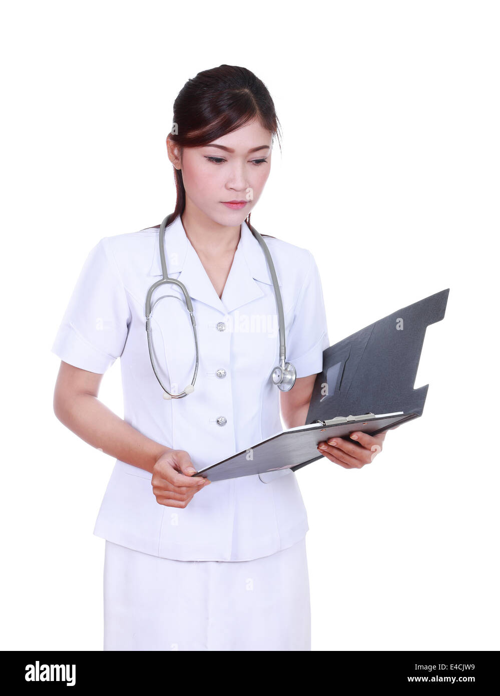 nurse reading medical report isolated on white background Stock Photo ...